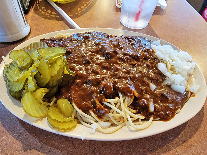 Behold the star attraction&mdash;spaghetti that defies diner expectations, with meat sauce so rich and hearty it could make an Italian grandmother question her recipe.