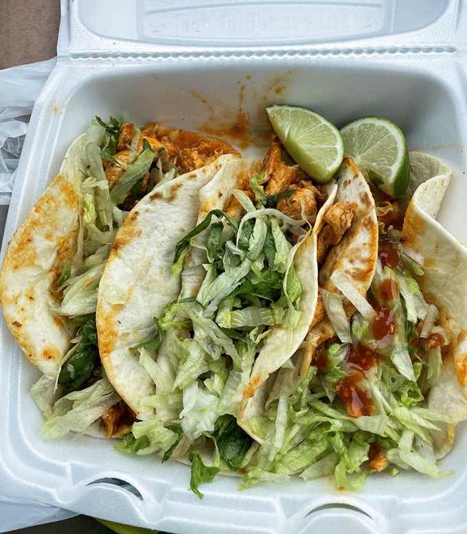 Taco perfection in its natural habitat – soft tortillas cradling spicy chicken, fresh lettuce, and a squeeze of lime. A portable feast fit for royalty.