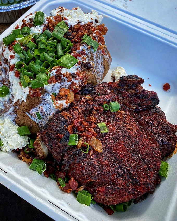 That perfect char and loaded baked potato combo proves some pleasures are worth the winding mountain drive.