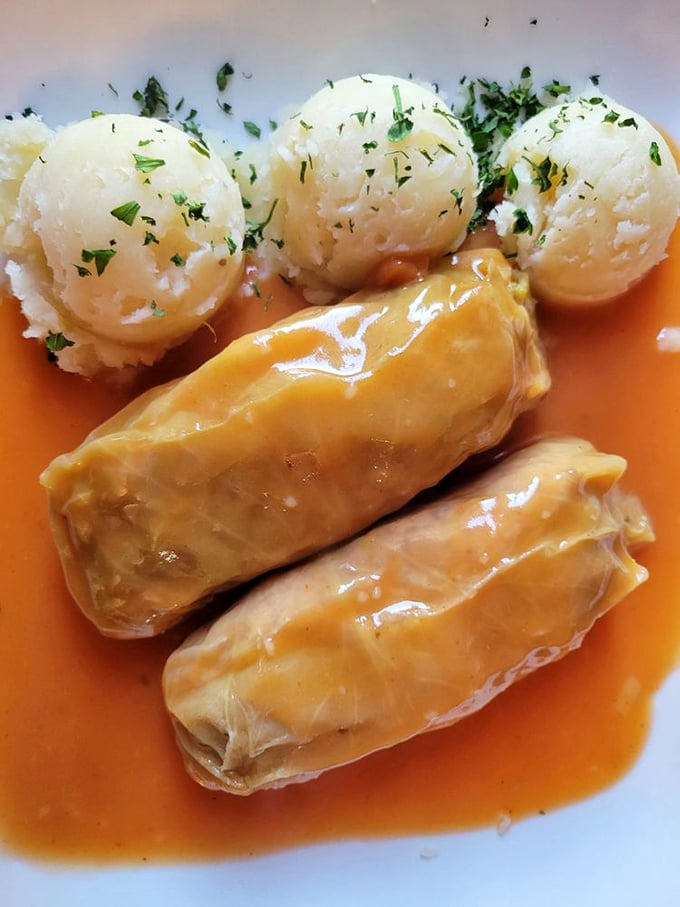 Behold the star attraction &ndash; gołąbki swimming in tomato sauce alongside potato dumplings. Grandmothers across Poland would nod in approval. 