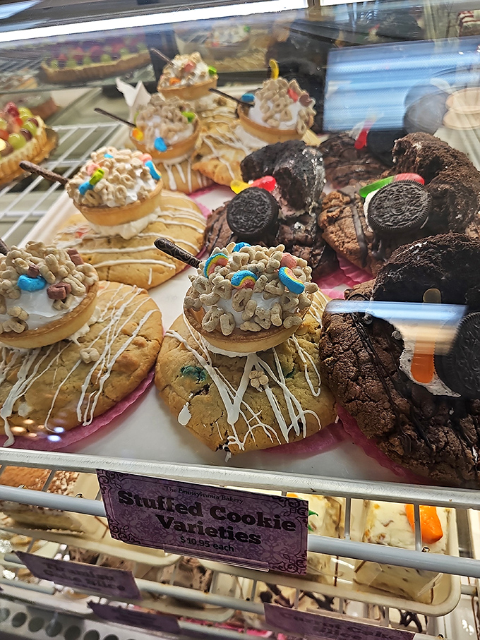 Behold the stars of the show: stuffed cookies that make regular cookies look like they're not even trying. That Oreo-topped chocolate creation is practically winking at you.