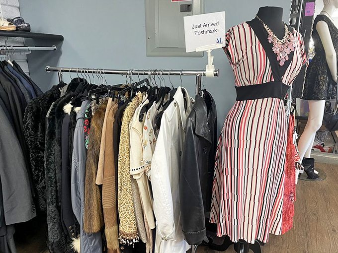 Fashion that spans decades hangs in perfect harmony &ndash; that striped dress isn't just clothing, it's someone's future favorite outfit waiting to be discovered.