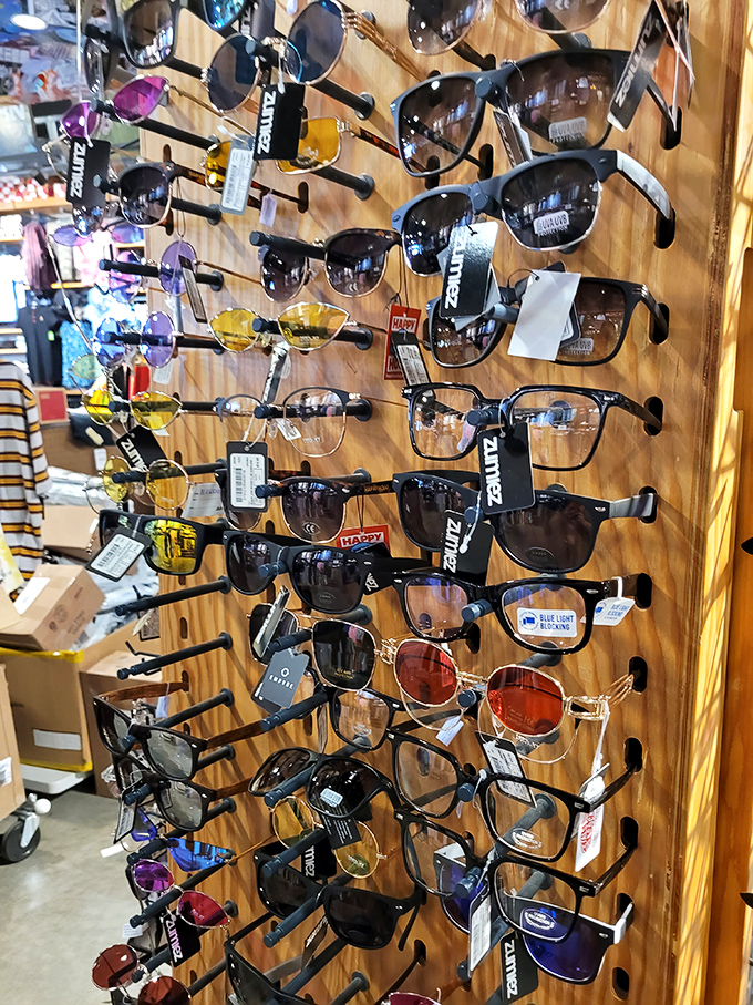 A wall of sunglasses that would make Jack Nicholson weep with joy. Finding your perfect pair feels like casting yourself in your own California movie.