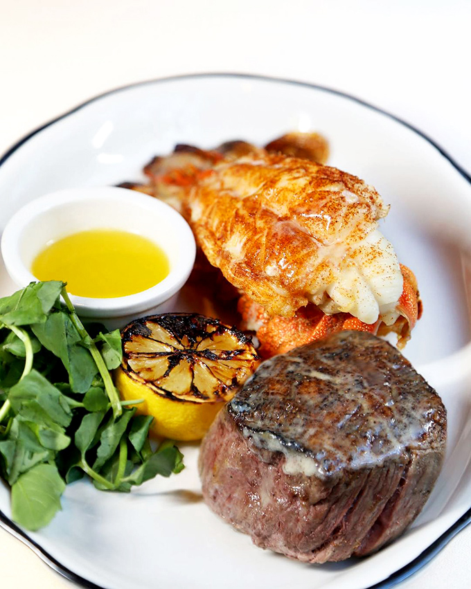 The surf and turf arrives like royalty on fine china&mdash;a perfectly seared filet alongside a lobster tail that practically winks at you.