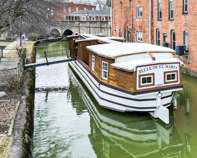 The "Belle of St. Marys" canal boat offers a floating glimpse into the town's transportation heritage, docked along the historic Miami and Erie Canal.