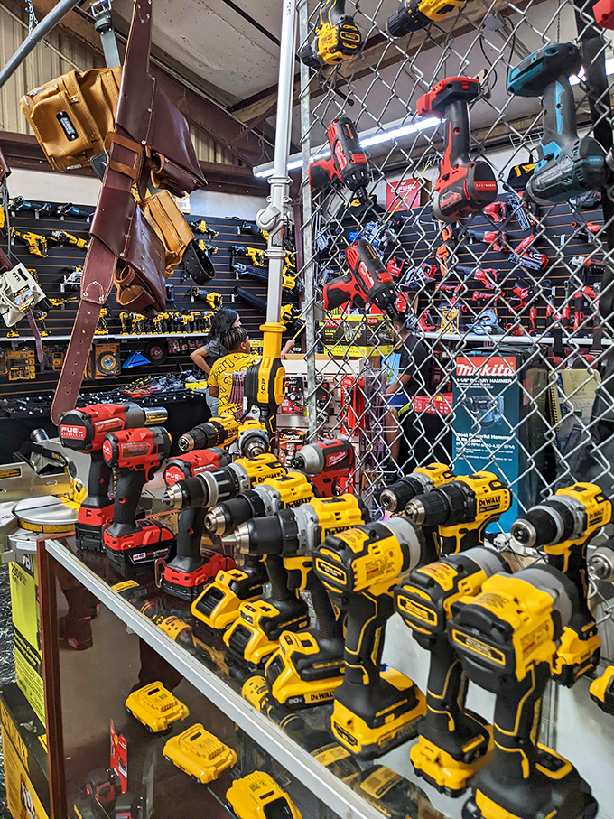 Tool heaven for the DIY enthusiast! Yellow and red power tools stand at attention, ready to transform weekend warriors into home improvement heroes.