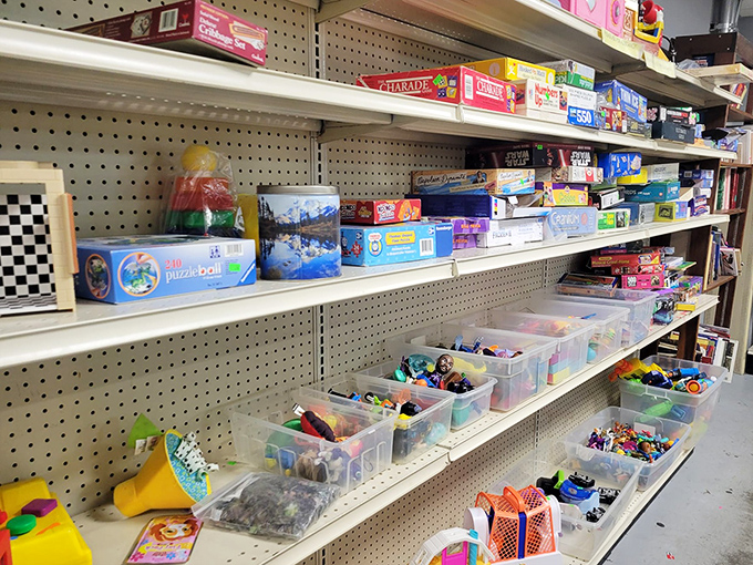 Board games and puzzles galore! Each plastic bin holds the promise of family game nights without the "I just spent how much on Monopoly?" regret. 
