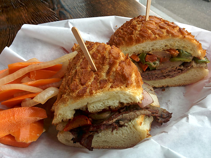 This tri-tip sandwich isn't just lunch&mdash;it's architecture. Perfectly toasted bread supporting layers of savory beef and fresh veggies, with those hand-cut carrot sticks standing guard.