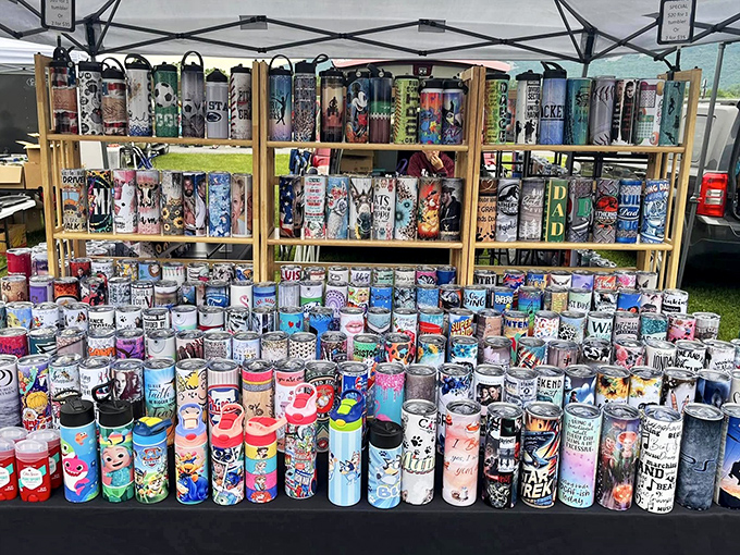 A rainbow army of tumblers stands at attention, each one promising to keep your coffee hot during those marathon antiquing sessions.