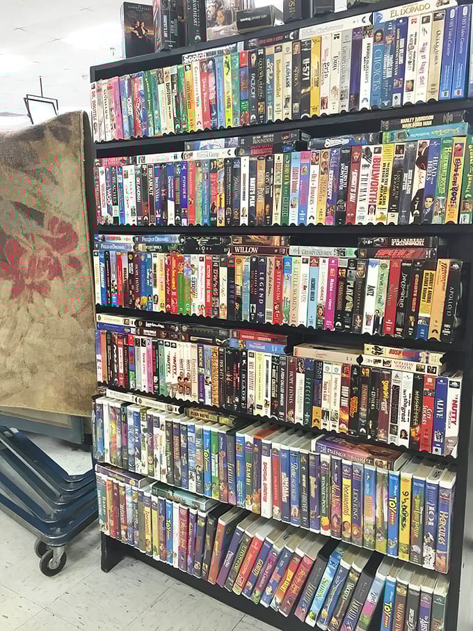 VHS collections that would make any '80s kid weep with nostalgia line these shelves like cinematic time capsules.
