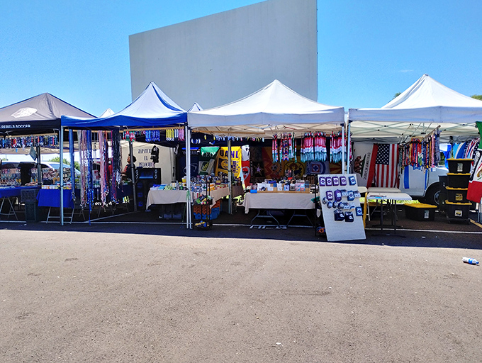 Vibrant vendor displays create a kaleidoscope of color. Each tent houses its own micro-universe of merchandise, beckoning shoppers with the thrill of discovery.
