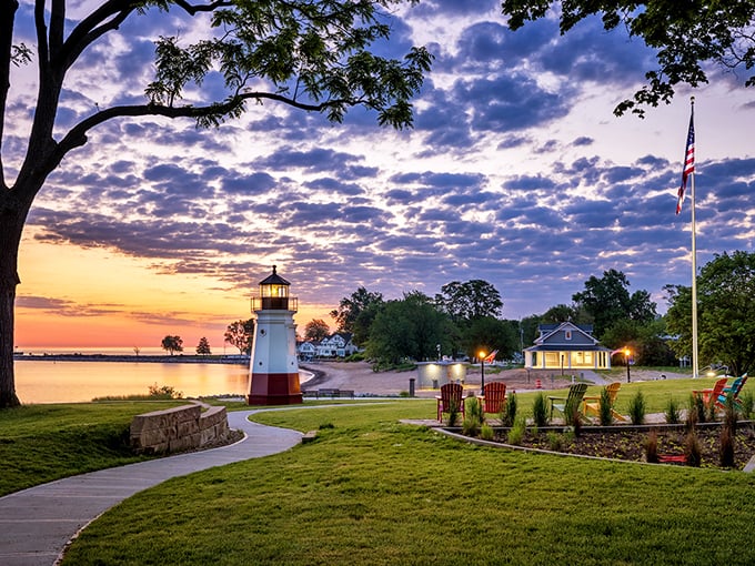 The Vermilion lighthouse at sunset creates the kind of moment that makes you forget you're in Ohio and not on some exotic coast.