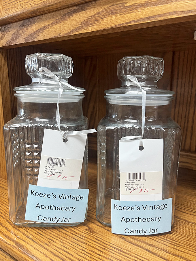 Vintage apothecary jars await new lives as candy containers, bathroom organizers, or vessels for whatever tiny collections you've been hiding from your spouse.