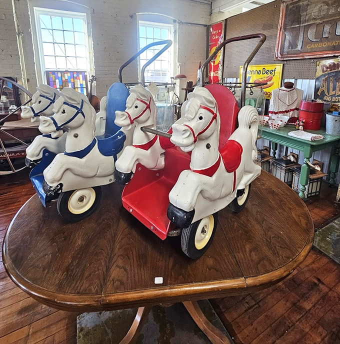 Childhood dreams preserved in vintage ride-on horses. Before video games, these magnificent steeds carried kids on imaginary adventures across living room prairies.
