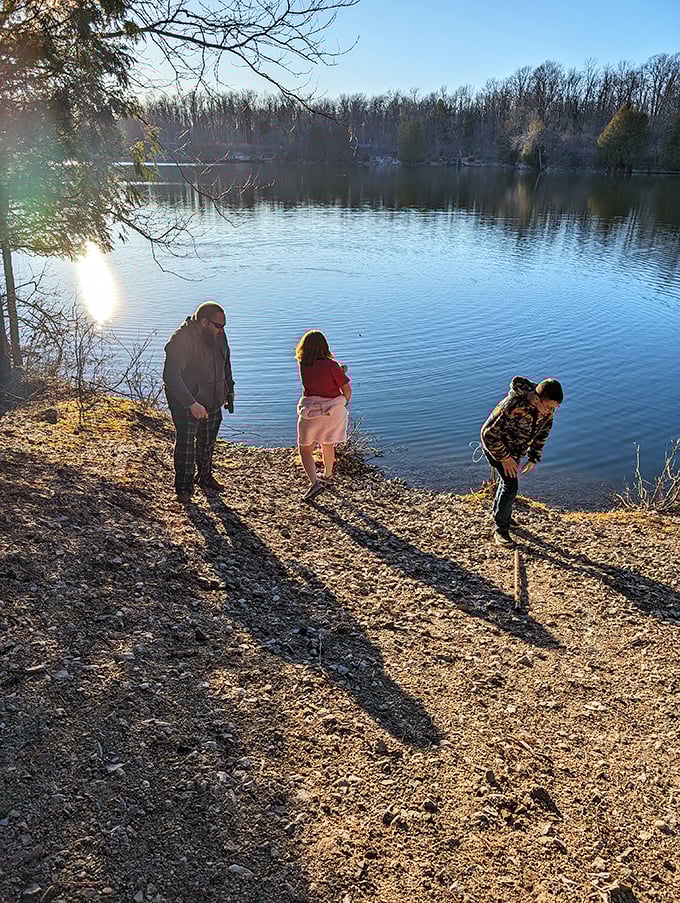 Family memories in the making as explorers of all ages discover Quarry Lake's shoreline. Nature's playground doesn't require batteries or Wi-Fi.