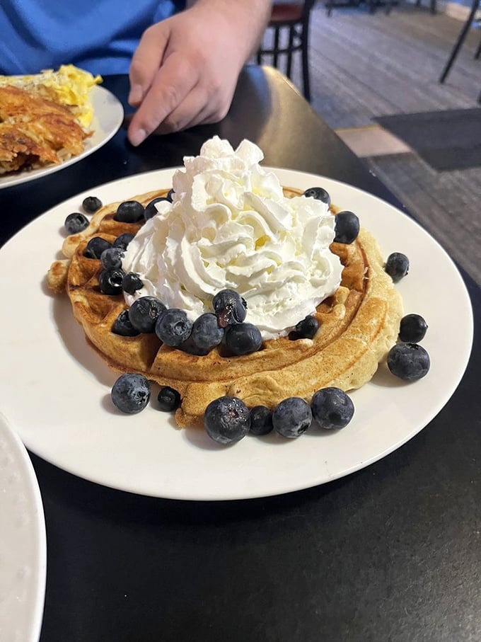 This waffle doesn't just have blueberries &ndash; it's surrounded by them like a delicious moat protecting a castle of whipped cream.