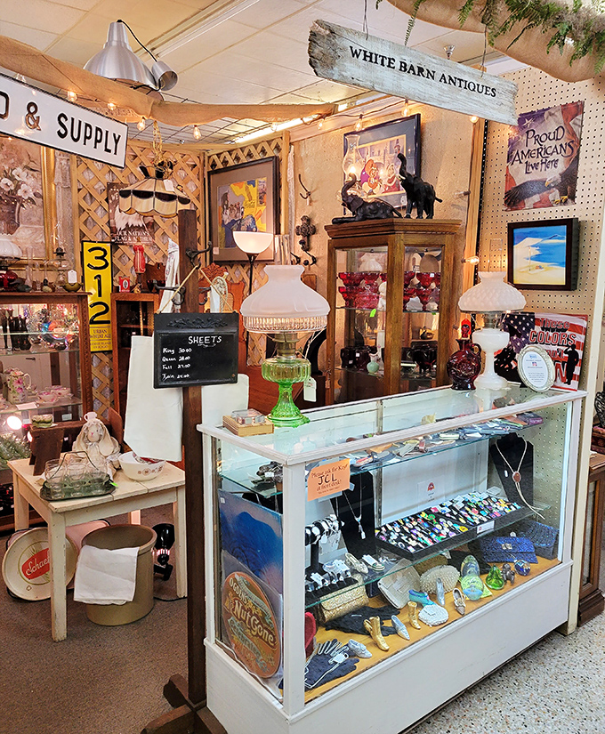 White Barn Antiques booth feels like the living room of that cool aunt who traveled everywhere and never threw anything away. The good kind of hoarding!