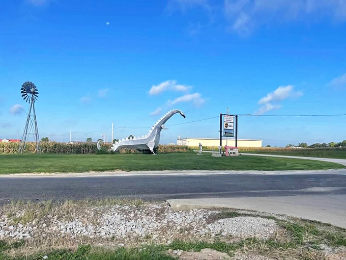 From a distance, the dragon creates a surreal silhouette against farmland and sky&mdash;Midwest magic hiding in plain sight.