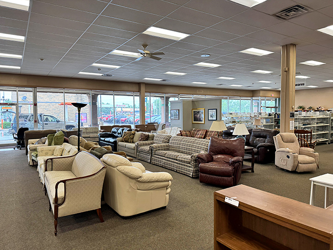 The furniture showroom feels like visiting every estate sale in Illinois without the early morning wake-up call.