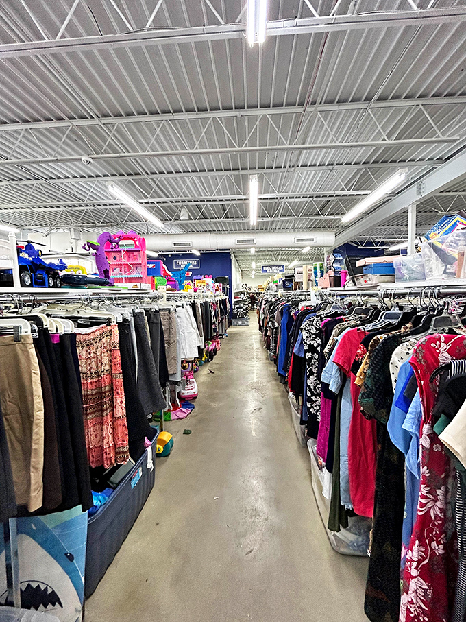 The clothing forest stretches as far as the eye can see. Somewhere in this textile wilderness, your next favorite outfit is patiently waiting.