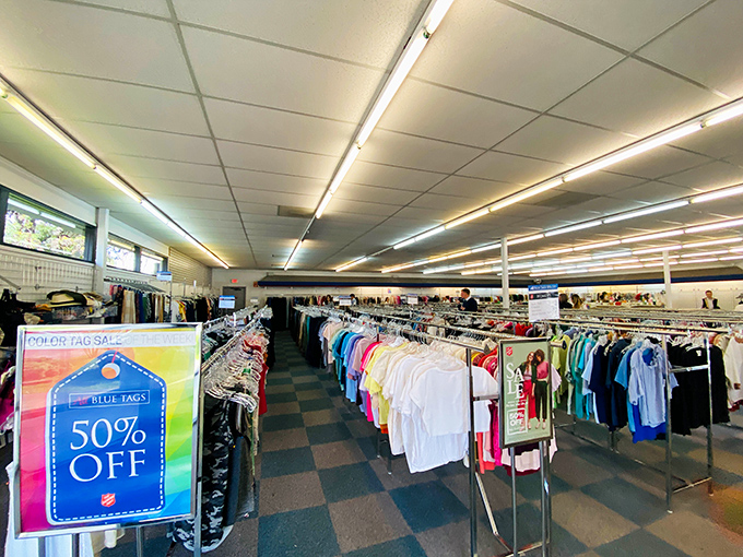 The color-coded tag system turns shopping into a strategic game where the blue tag might just be your ticket to that perfect blazer.