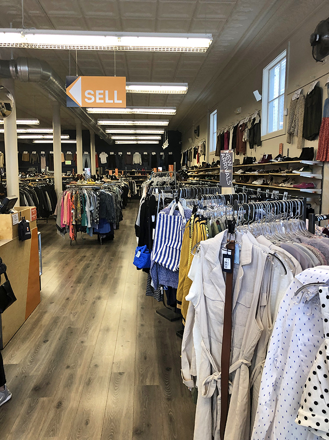 The women's section offers a rainbow of possibilities, with racks organized by type and size&mdash;a merciful system that saves your neck from that sideways-reading crick.