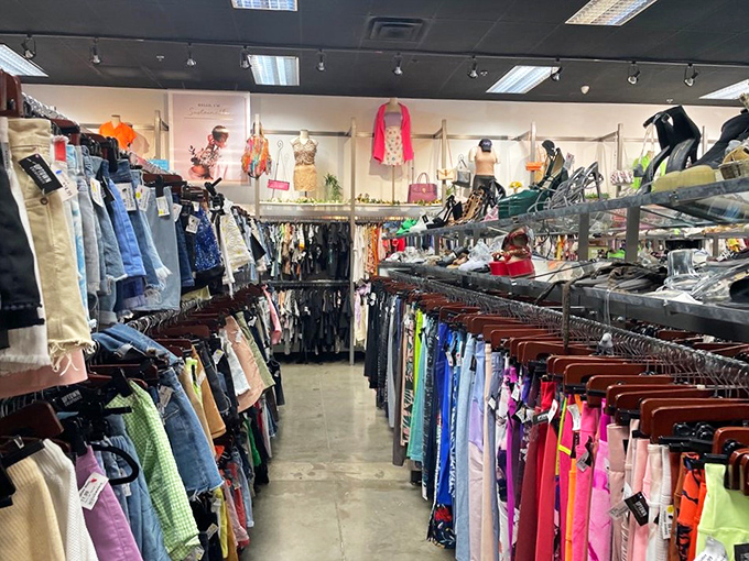 The rainbow road of retail therapy! Every hue imaginable lines these racks, creating a kaleidoscope of possibilities for your next outfit revolution.