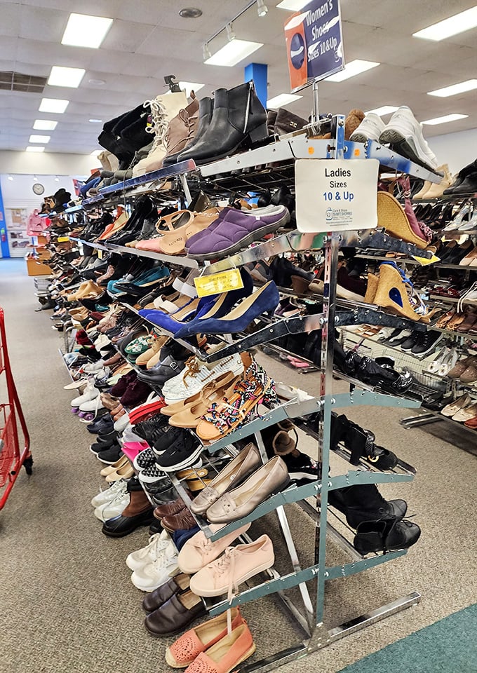 The women's shoe section rivals Imelda Marcos's closet, with footwear for every occasion neatly arranged in a bargain hunter's paradise.