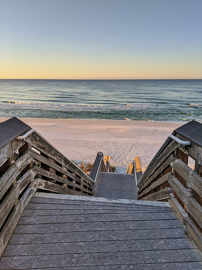 The journey down is filled with anticipation, but the climb back up? Worth every step for those panoramic Gulf views.