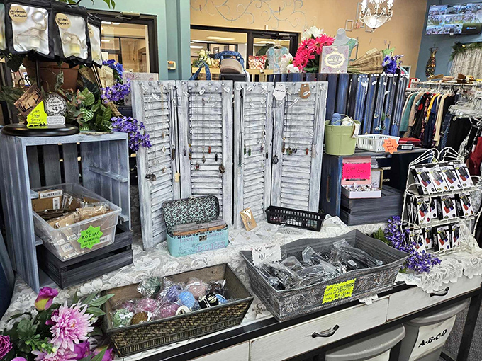 Vintage meets modern in this artfully arranged accessories display. Who knew secondhand shopping could feel like visiting a carefully curated museum?