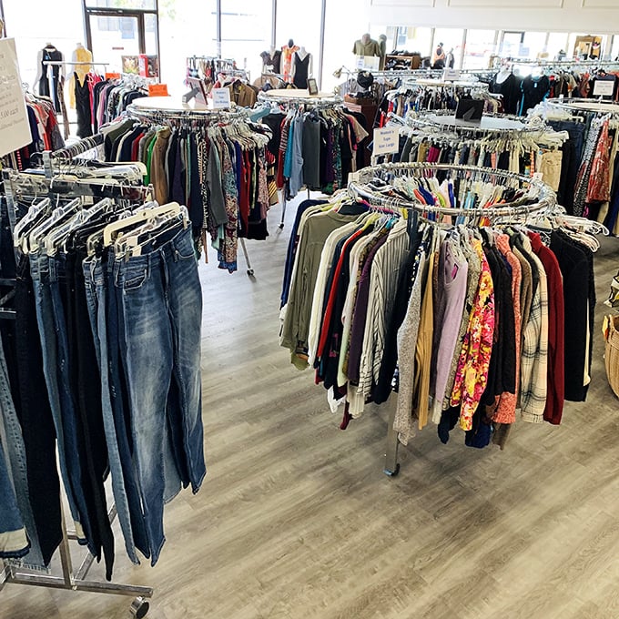 Circular racks organized by type and color&mdash;a rarity in thrift world. No archaeological expedition required to find your size!