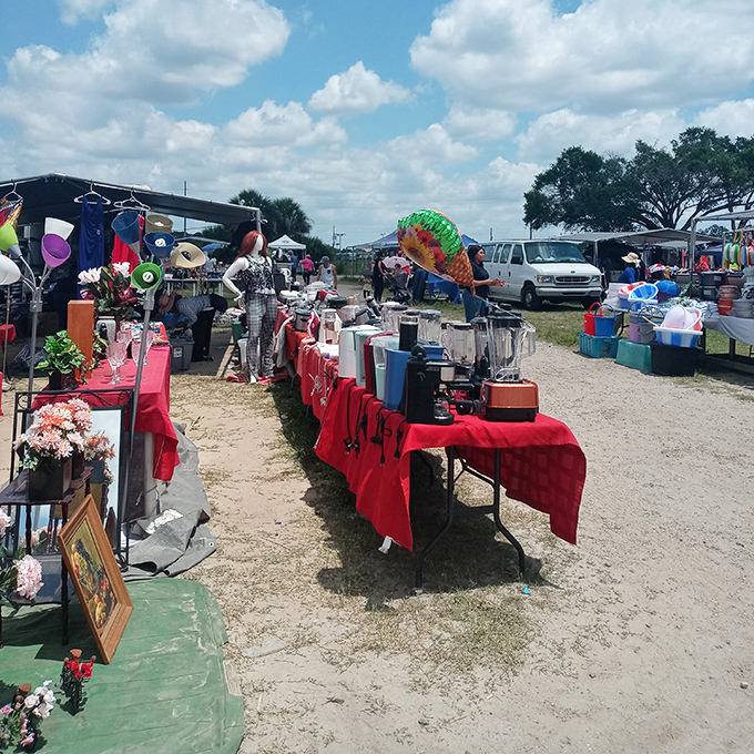 Tables dressed in red showcase a garage sale symphony of kitchen appliances&mdash;each with stories of pancake breakfasts and midnight snacks past.