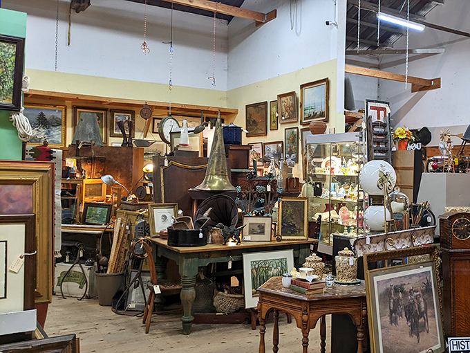 A beautifully chaotic corner where vintage frames, antique furniture, and forgotten treasures create a three-dimensional time capsule waiting to be explored.