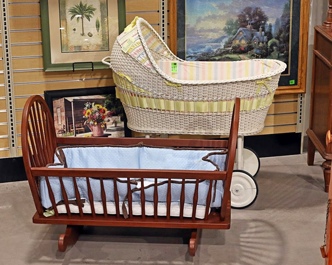 Baby furniture that tells stories of generations&mdash;wooden cradles and wicker baskets waiting for new chapters with families who appreciate vintage charm.
