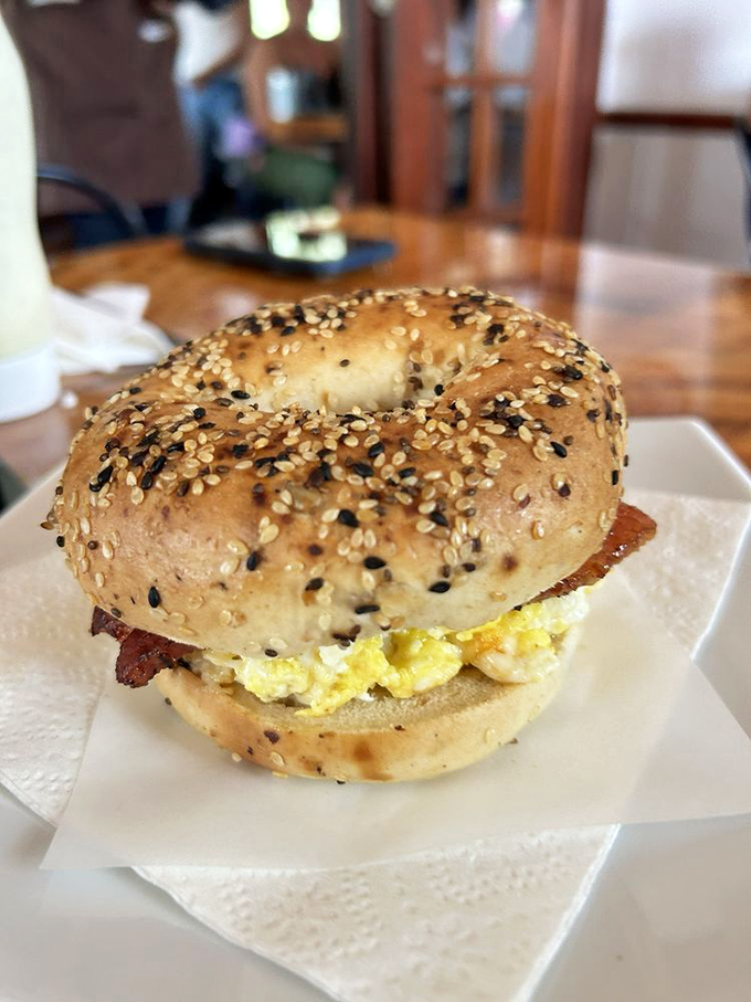 This isn't just a bagel sandwich&mdash;it's breakfast architecture. Golden-toasted exterior, fluffy eggs, and that perfect ratio of fillings that won't end up in your lap.