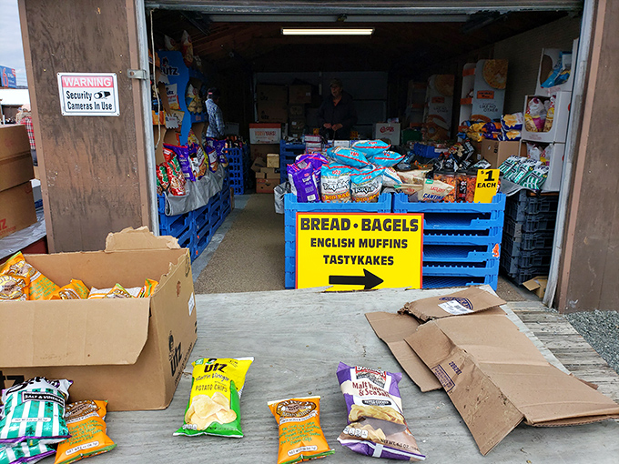 Carb heaven alert! This vendor's stash of Tastykakes and bread proves that even snack shopping becomes an adventure at Jake's.