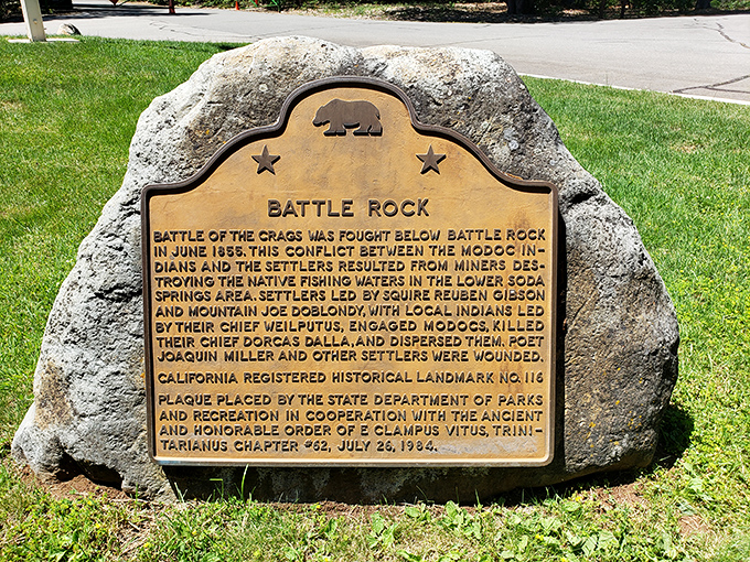 History carved in stone. This marker commemorates the 1855 Battle of Castle Crags, a sobering reminder of California's complex past amid today's natural beauty.