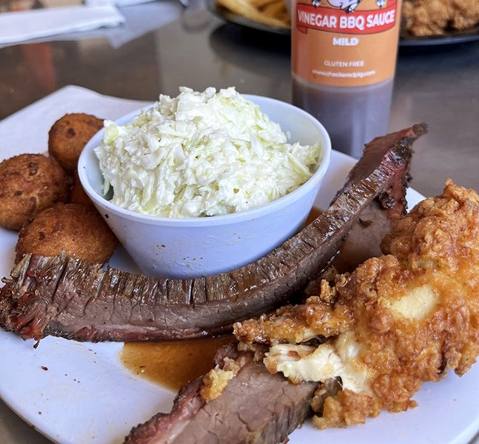 Brisket so tender it practically surrenders to your fork. That smoke ring is the barbecue equivalent of a Michelin star. 