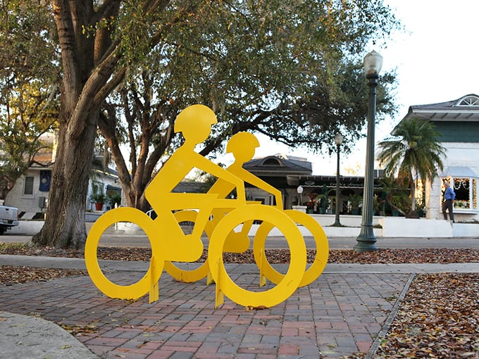 This bright yellow bicycle sculpture celebrates Mount Dora's cycling culture. In a state known for flat terrain, the town's hills are practically mountainous by Florida standards.
