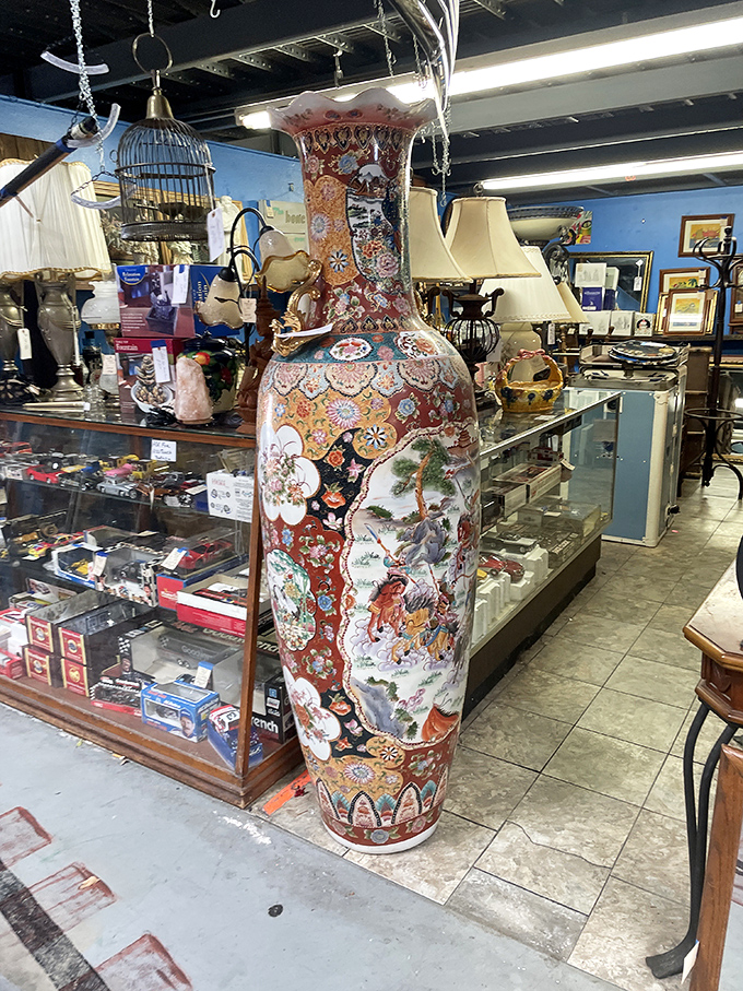 That ornate vase stands guard like a porcelain giant, daring you to imagine it in your foyer.