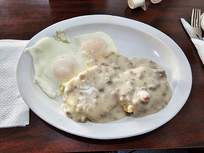 Biscuits and gravy that would make your grandmother both proud and jealous. Those perfectly cooked eggs are just showing off.