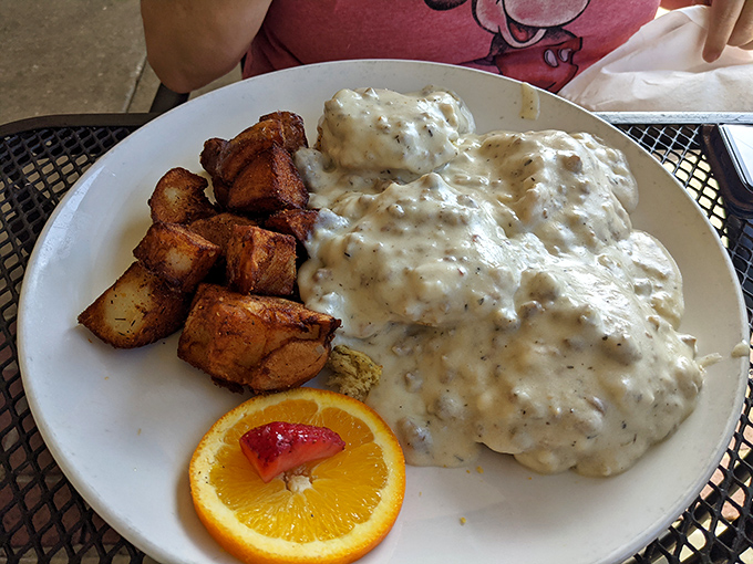 Biscuits and gravy that would make your Southern grandmother weep with joy. That creamy, sausage-studded gravy deserves its own fan club.