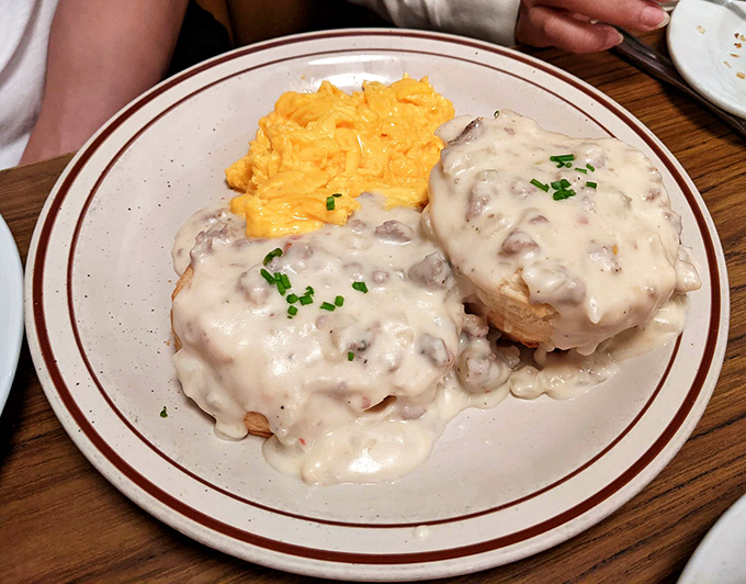 Biscuits and gravy that would make your Southern grandmother weep with joy, paired with eggs so perfectly yellow they could brighten a rainy day.