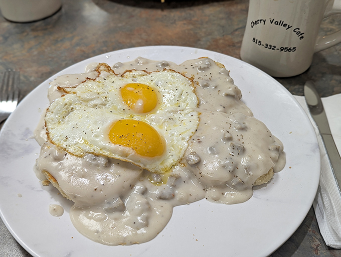 Biscuits and gravy so creamy they should require a lifeguard, topped with sunny-side-up eggs that wink at you with golden optimism.