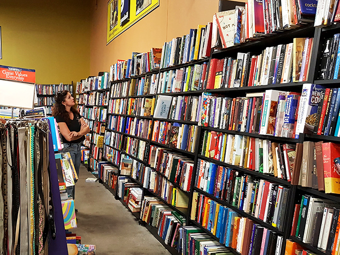 A bibliophile's dream landscape where dog-eared paperbacks and forgotten bestsellers find new homes for pocket change.