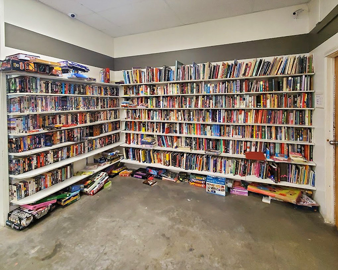Bibliophile heaven! Floor-to-ceiling shelves create a literary labyrinth where paperback adventures and hardcover wisdom cost less than your morning latte.