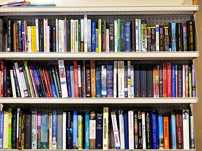 Literary treasures stacked spine-to-spine&mdash;a bibliophile's dream where Stephen King might rub covers with Julia Child. Knowledge by the pound!