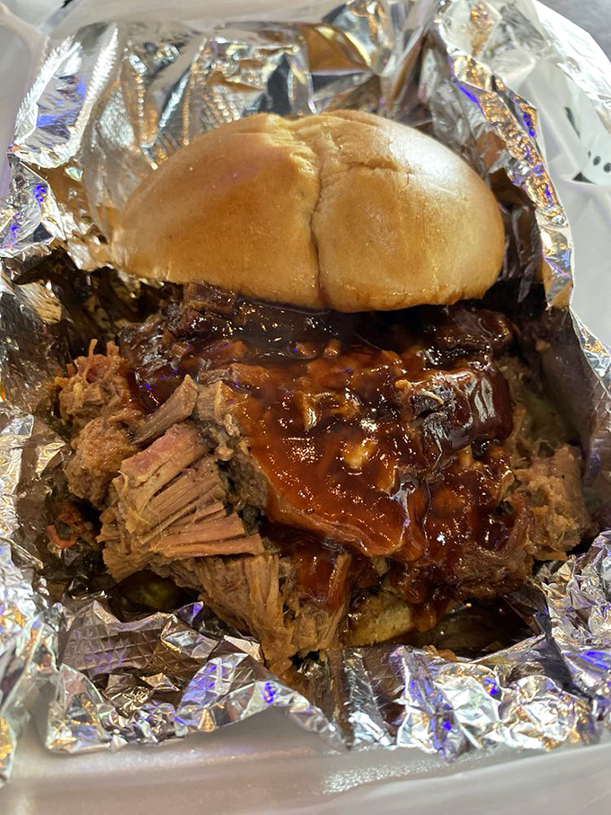 Behold the brisket sandwich in all its glory! That smoke ring isn't just for show&mdash;it's a pink badge of honor earned through hours of patient smoking.