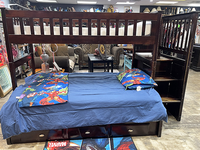 Superhero dreams included! This bunk bed setup comes with built-in storage and enough space for midnight comic book reading sessions.