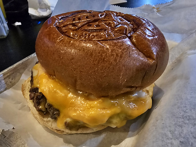 Behold the cheeseburger in its natural habitat—glistening, proud, and practically begging to be the highlight of your day.